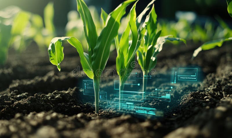Corn Plants with Digital Interface Overlay in Soil, Representing Smart ...