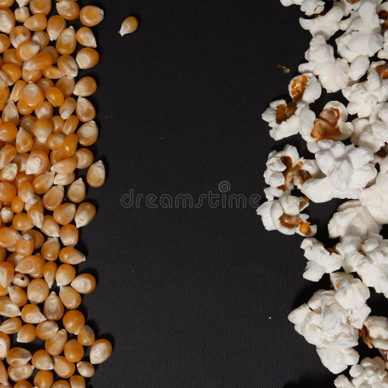 Corn and Popcorn Grains in Two Rows on a Black Background. Stock Photo ...