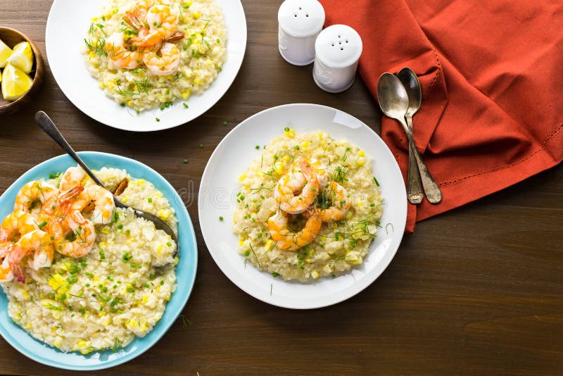 Corn Risotto with Roasted Shrimp Stock Photo - Image of shakers ...