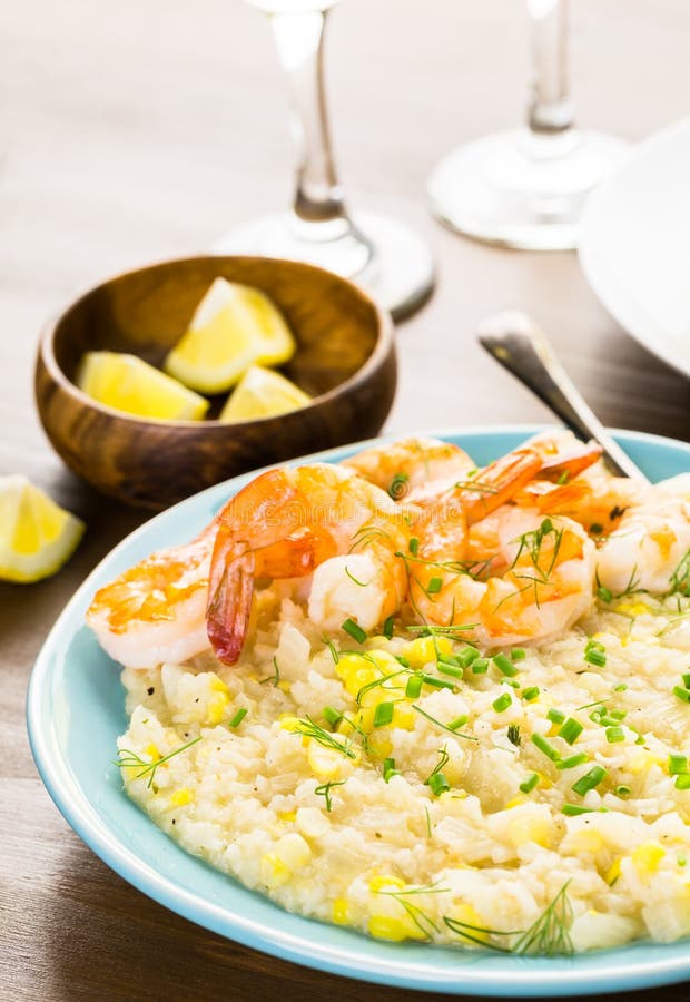 Corn Risotto with Roasted Shrimp Stock Image - Image of cloth, risotto ...