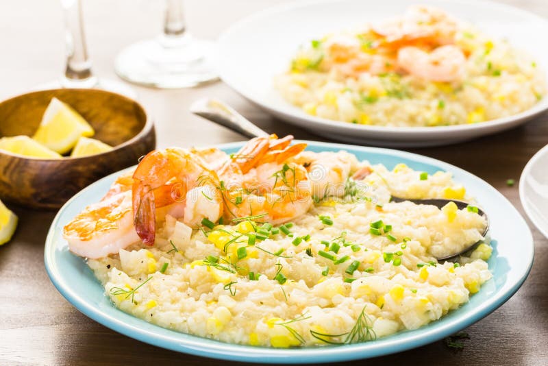 Corn Risotto with Roasted Shrimp Stock Photo - Image of shellfish ...