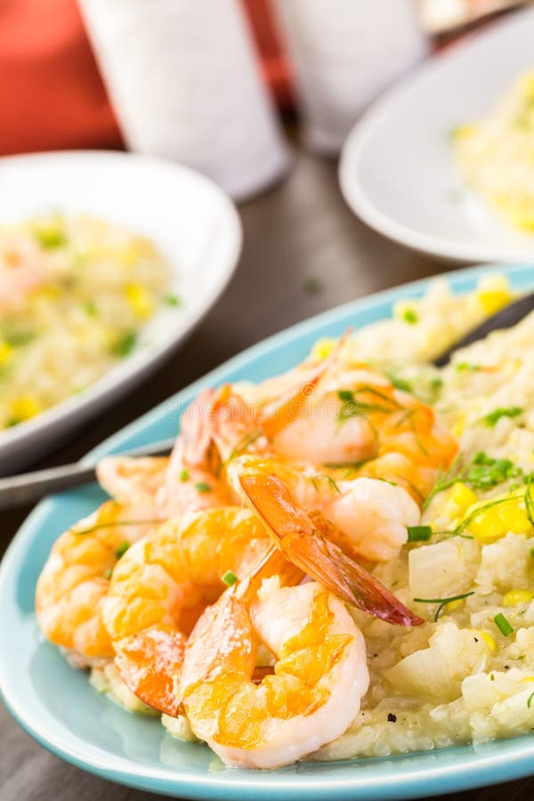Corn Risotto with Roasted Shrimp Stock Photo - Image of lemon, roasted ...