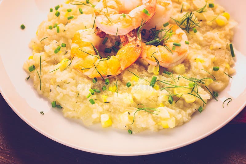 Corn Risotto with Roasted Shrimp Stock Photo - Image of shellfish ...