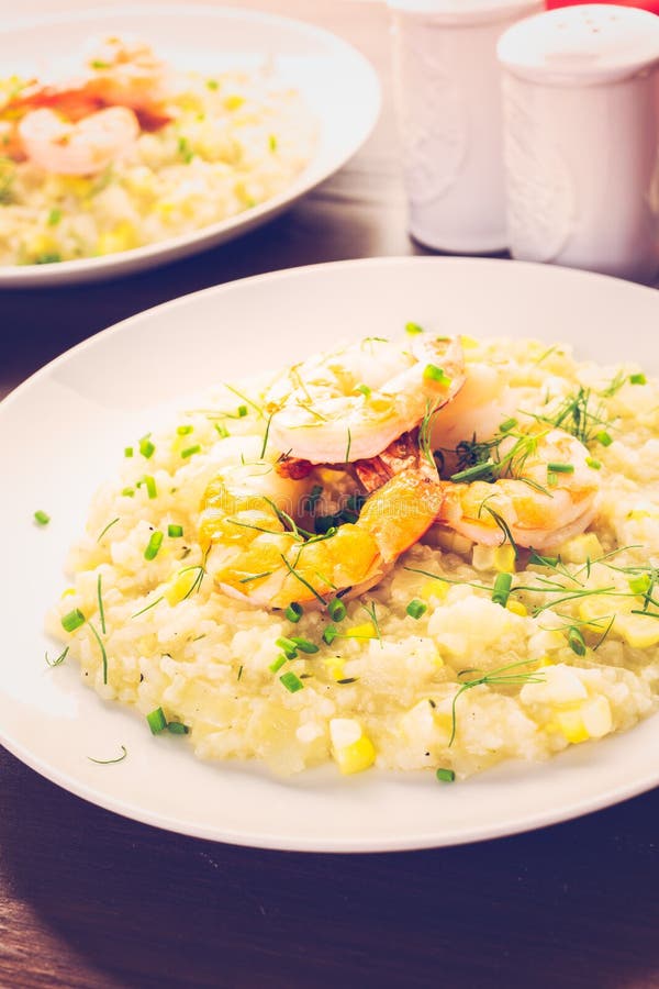 Corn Risotto with Roasted Shrimp Stock Image - Image of salt, risotto ...