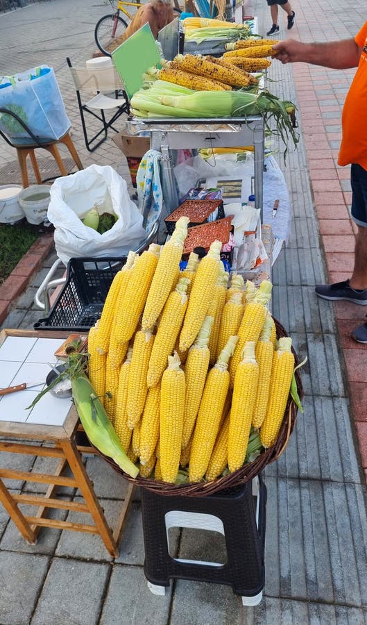Corn Roast Roasted and Raw in a Basket in Preveza City Greece Stock ...