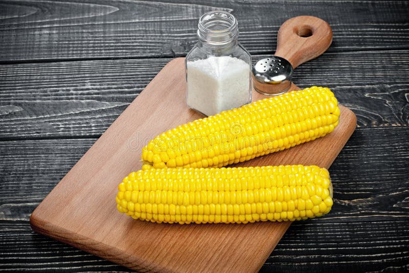 Corn and Salt on a Wooden Table Stock Image - Image of corn, delicious ...