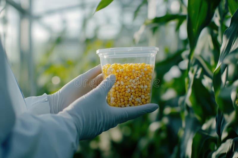 Corn Seeds in Container Held by Gloved Hand in Greenhouse Environment ...