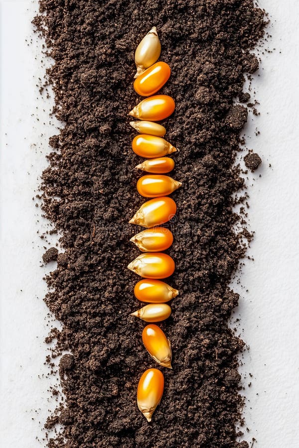 Corn Seeds Placed in a Neat Row on Dark Soil Surface. Farm Setting ...