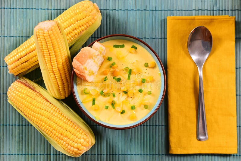 Corn soup stock photo. Image of bright, corn, bread, material - 71323598