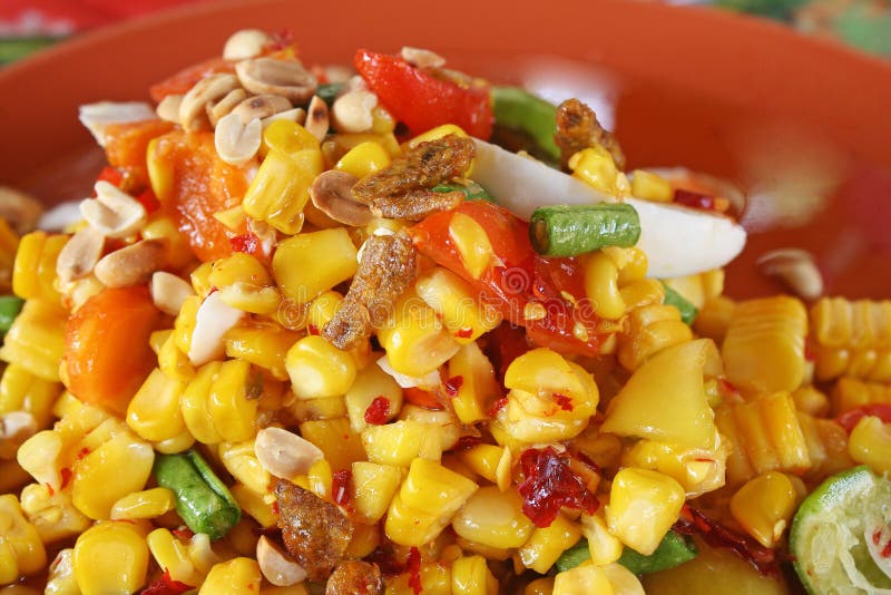 Corn Spicy Salad and Crispy Fish Stock Image - Image of delicious ...