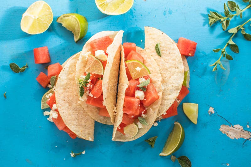 Corn Taco Shell with Watermelon and Feta Salad, Sprinkled Lime Stock ...