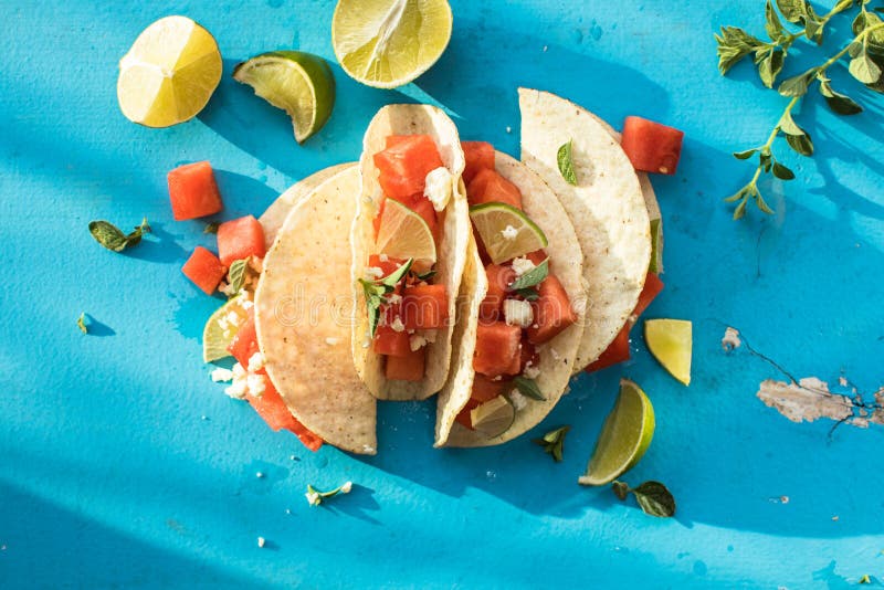 Corn Taco Shell with Watermelon and Feta Salad, Sprinkled Lime Stock ...