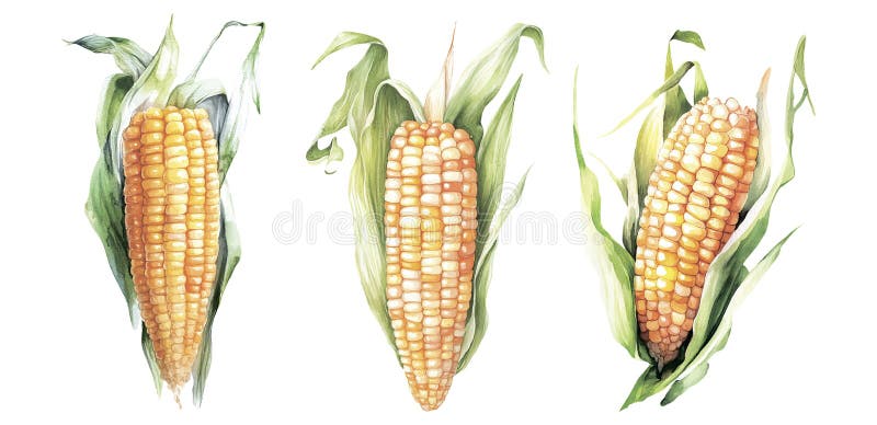 Corn Watercolor Painted Vegetables. Fresh Colorful Veggies Vector ...