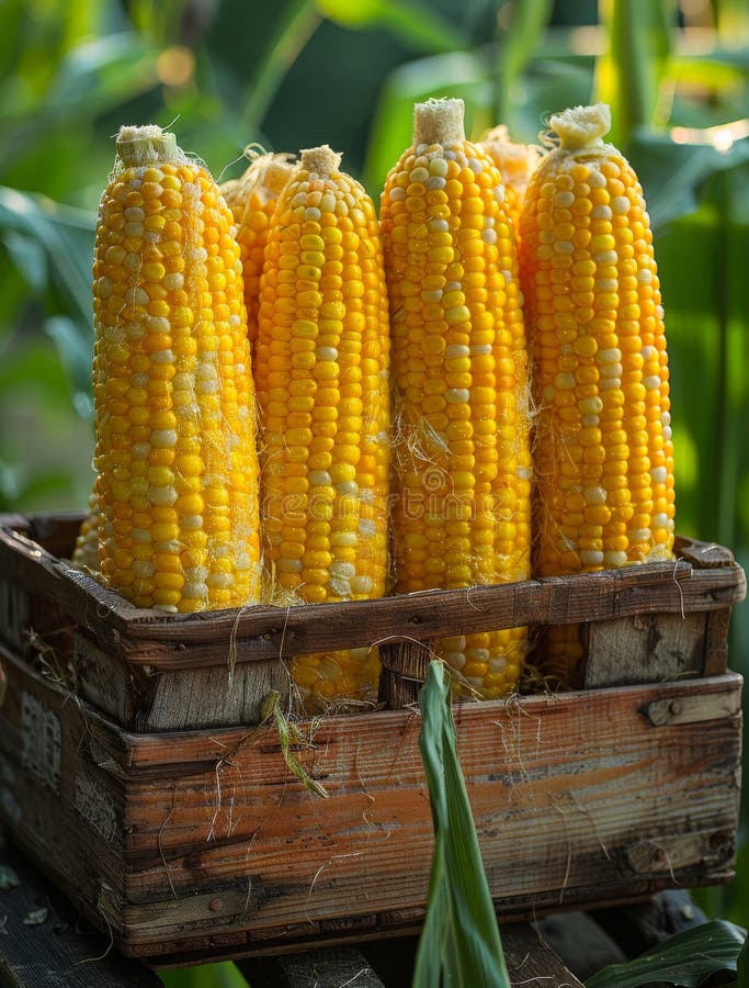 Corn in Wooden Box. a Four Ears of Corn are Shown in Small Wooden ...