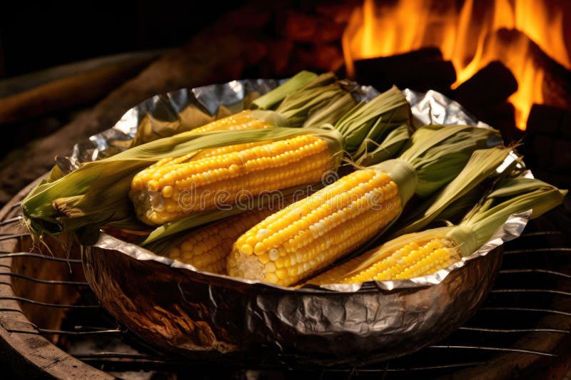 Corn Wrapped in Foil Cooking on a Fire Pit Grate Stock Illustration ...