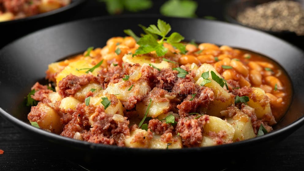 Corned Beef Hash with Potatoes and Beans in Tomato Sauce. Stock Image ...