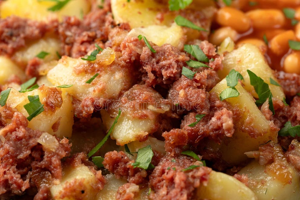 Corned Beef Hash with Potatoes and Beans in Tomato Sauce. Stock Image ...