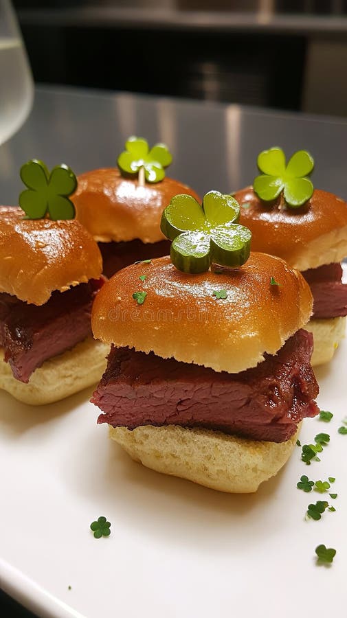 Corned Beef Sliders Served with a Pickle Garnish and Shamrock-shaped ...