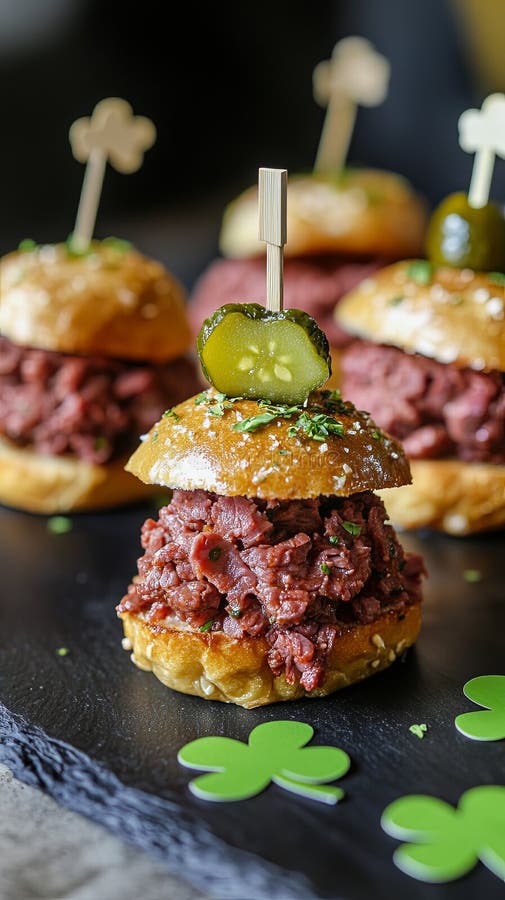 Corned Beef Sliders Served with a Pickle Garnish and Shamrock-shaped ...