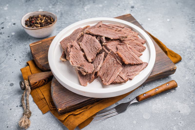 Corned Sliced Beef Meat in a Plate. Gray Background Stock Image - Image ...
