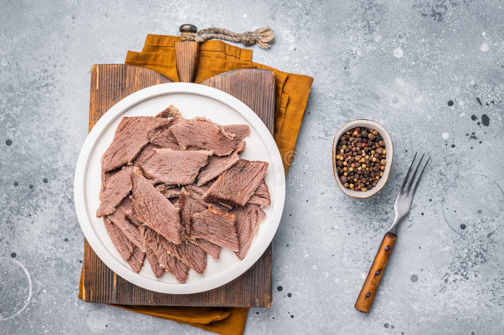 Corned Sliced Beef Meat in a Plate. Gray Background Stock Image - Image ...