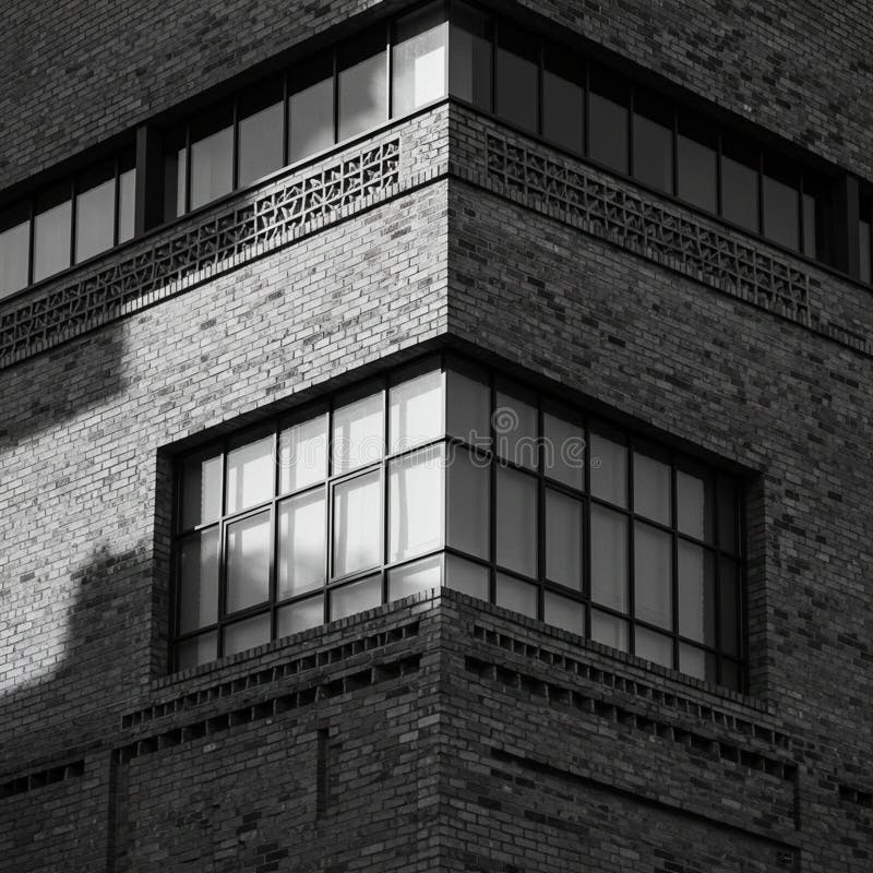Corner of a Brick Building with Large, Rectangular Windows Framed by ...