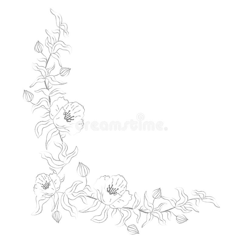 Corner Decoration of Branches with Leaves and Flowers Line Vector Stock ...