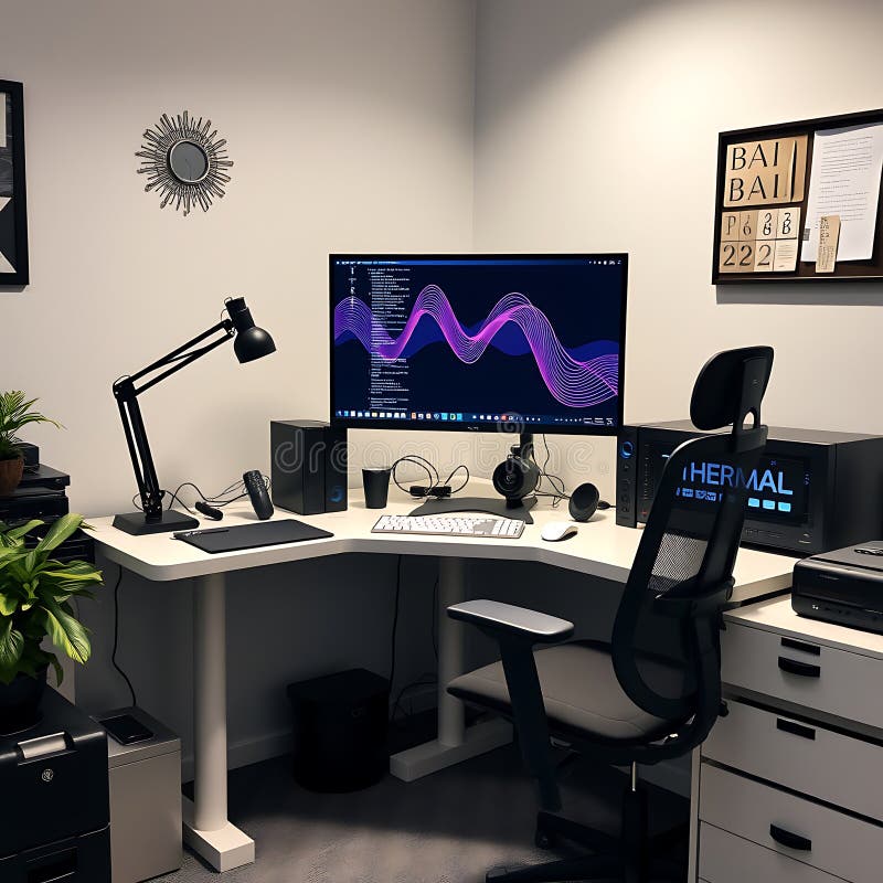 Corner Desk with an Adjustable Monitor and Ergonomic Setup in a Tech ...