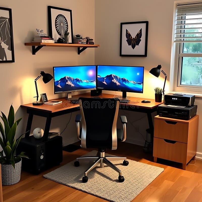 Corner Desk with Dual Monitors and a Comfortable Chair in a Home Office ...