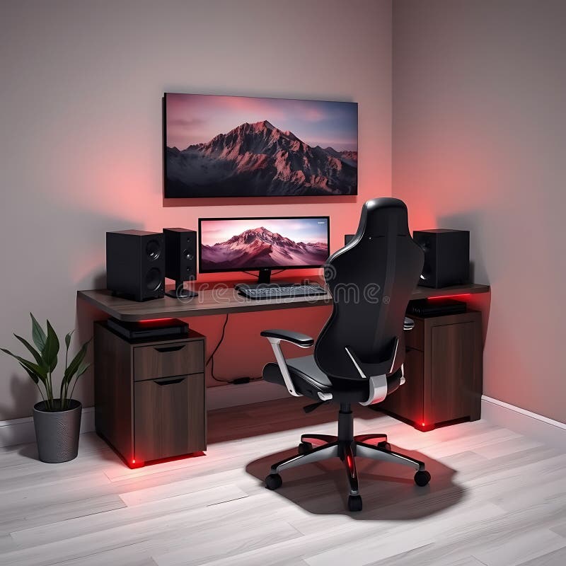 Corner Desk with a Gaming Setup LED Lights and Comfortable Chair Stock ...