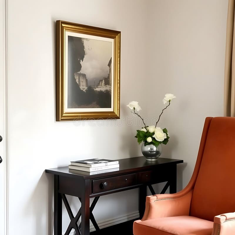 A Corner Featuring a High Back Chair a Dark Wood Console Table and ...