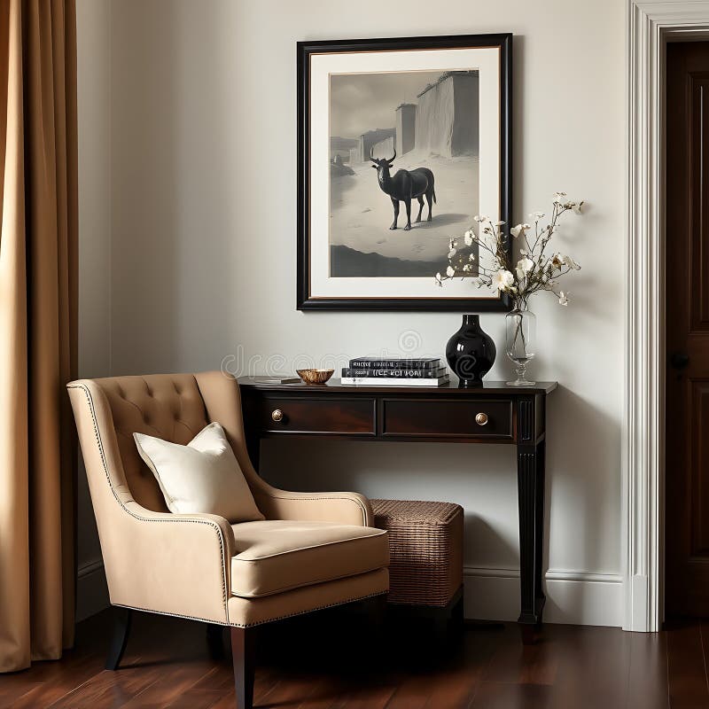 A Corner Featuring a High Back Chair a Dark Wood Console Table and ...
