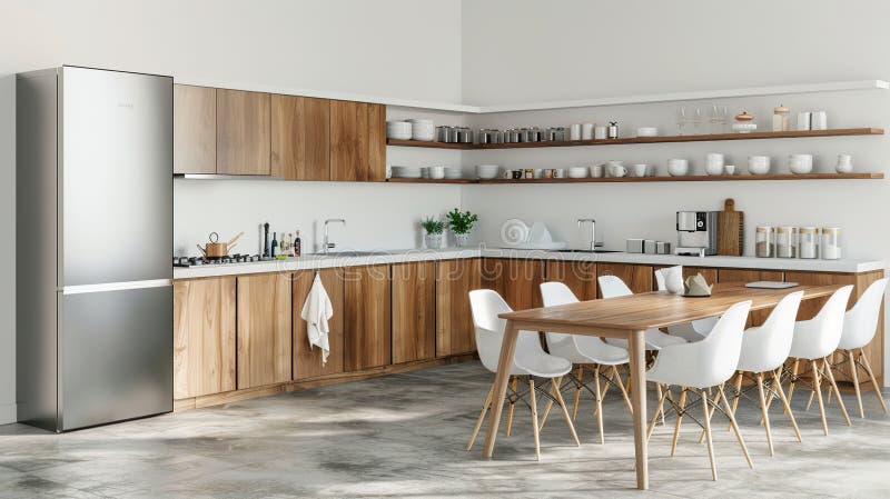 Corner of Modern Kitchen with White Walls, Concrete Floor, Long Dining ...