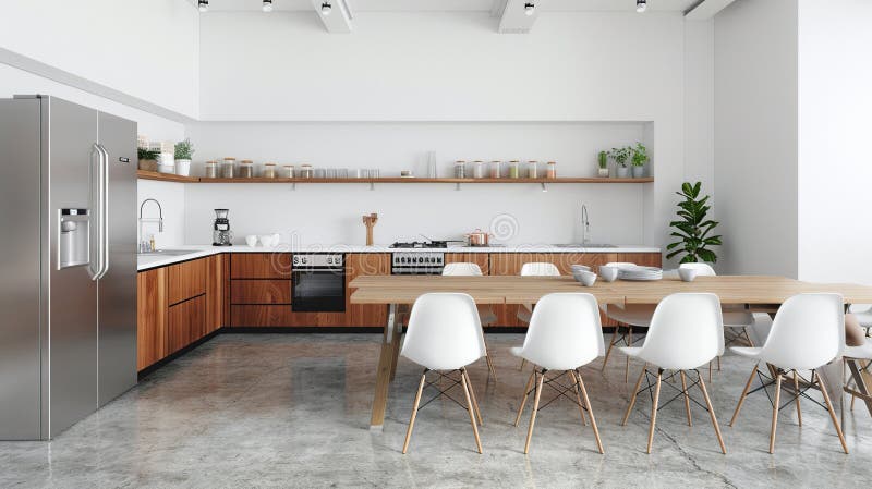 Corner of Modern Kitchen with White Walls, Concrete Floor, Long Dining ...