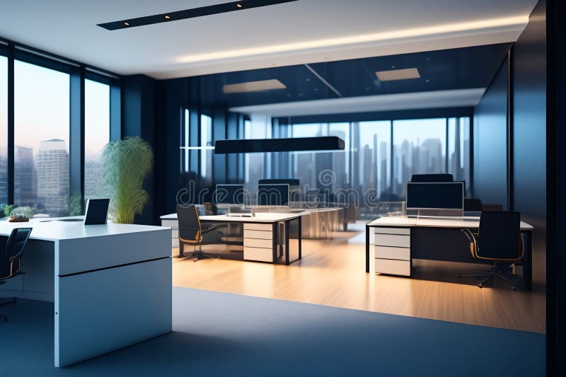 Corner of Modern Open Space Office with Black Walls, Wooden Floor, Rows ...