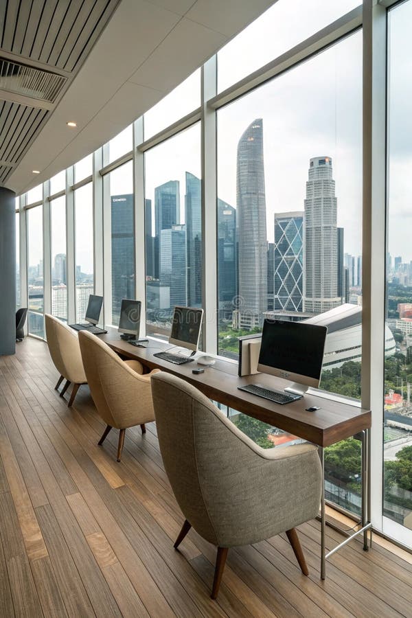 Corner Office Interior with Armchairs and Panoramic Window 3D Render ...