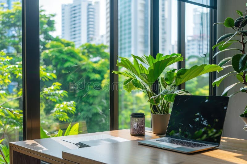 Corner Office with Lush Greenery View Ideal for Peaceful Work Stock ...