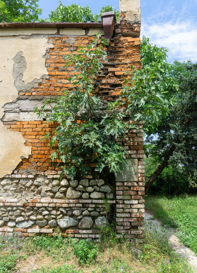 Corner of an Old Orange Brick and Stone Wall. Old Plaster and Brick ...
