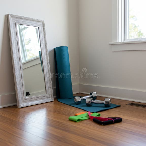 A Corner of a Room Features a Workout Setup. a Blue Yoga Mat Leans ...