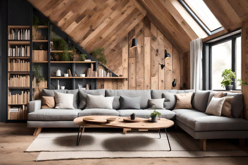 Corner Sofa and Rustic Coffee Table Against Wood Lining Wall with Book ...