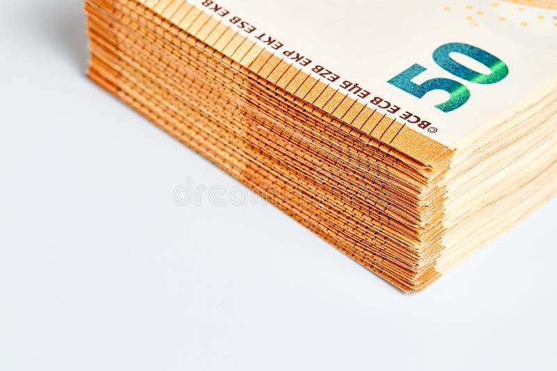 Corner of Stack of 50 Euro 2017 Banknotes Over White Background Close ...