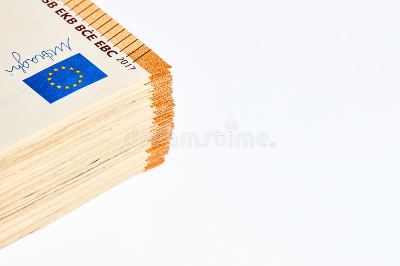 Corner of Stack of 50 Euro 2017 Banknotes Over White Background Close ...