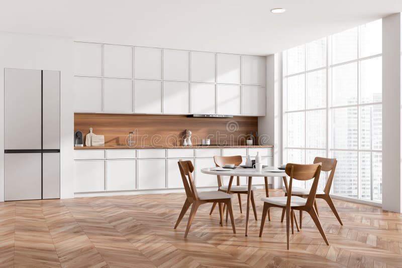 Corner View on Bright Kitchen Room Interior with Dining Table Stock ...