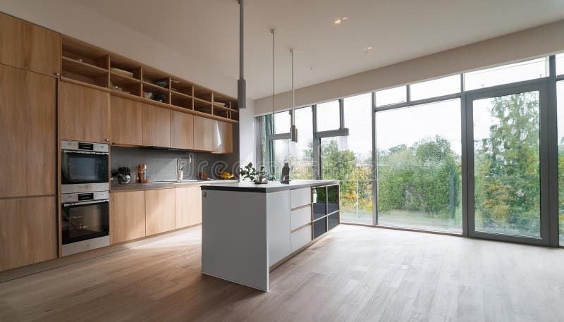 Corner View Bright Kitchen Room Interior Panoramic Window Stock Photos ...