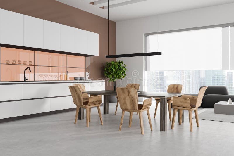 Corner View on Bright Kitchen Room Interior with Panoramic Window Stock ...