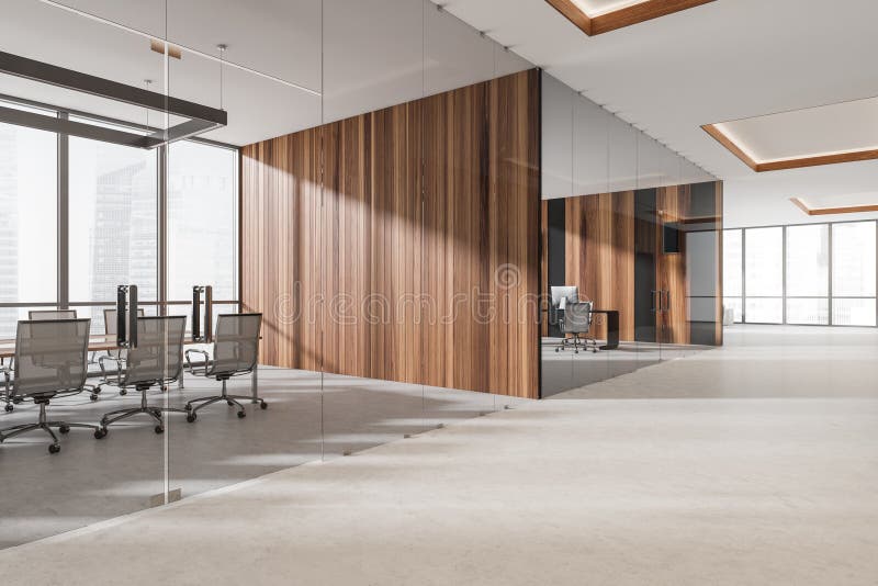 Corner View on Bright Office Hall Interior with Panoramic Window Stock ...