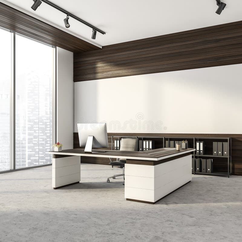 Corner View on Bright Office Interior with Empty White Wall Stock ...