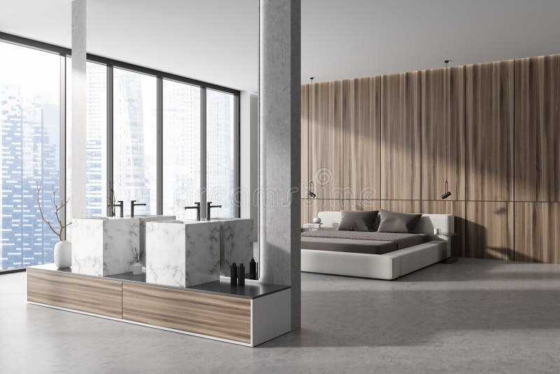 Corner View on Bright Studio Interior with Bed, Double Sink Stock ...