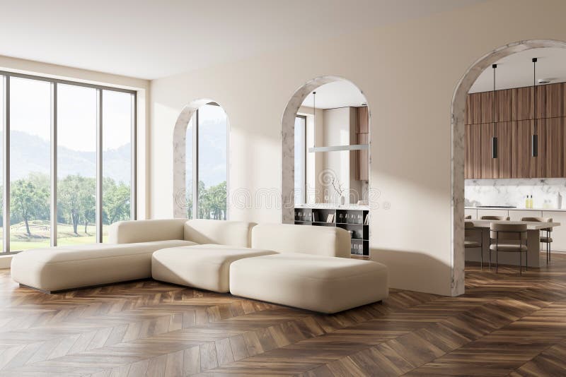 Corner View on Bright Studio Room Interior with Panoramic Window Stock ...