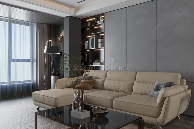 Corner View on Bright Studio Room Interior with Sofa Stock Illustration ...